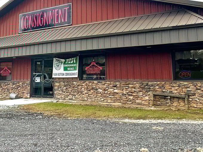The burgundy building with its bold "CONSIGNMENT" sign doesn't need fancy marketing—it's like a treasure chest announcing itself to bargain hunters everywhere.
