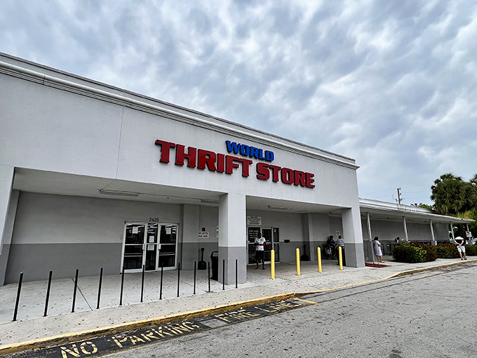 The unassuming exterior of World Thrift belies the treasure trove within – like finding a pirate's chest disguised as a mailbox.