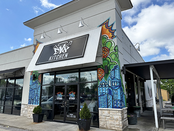 The colorful exterior of DV8 Kitchen isn't just eye-catching—it's a promise that what awaits inside breaks deliciously from the ordinary breakfast routine.