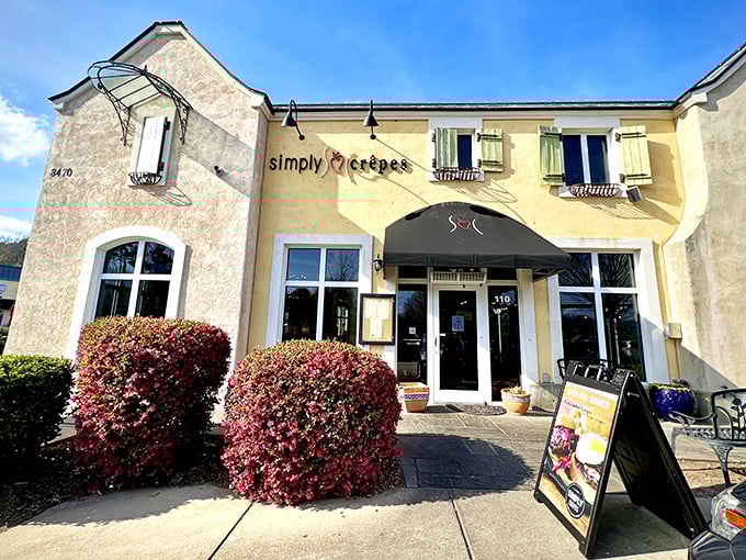 Simply Crêpes' stucco exterior and charming European-inspired architecture makes you feel like you've stumbled upon a café in a French village rather than North Raleigh.