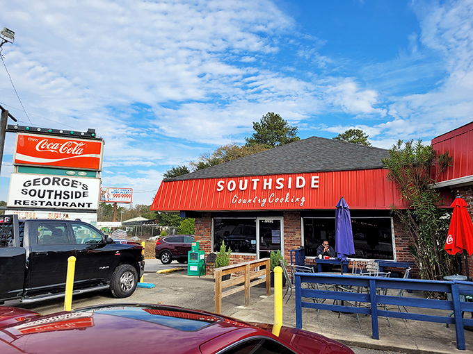 The bright red awning of George's Southside Restaurant stands like a beacon of hope for hungry travelers in Cayce. Southern comfort food paradise awaits!