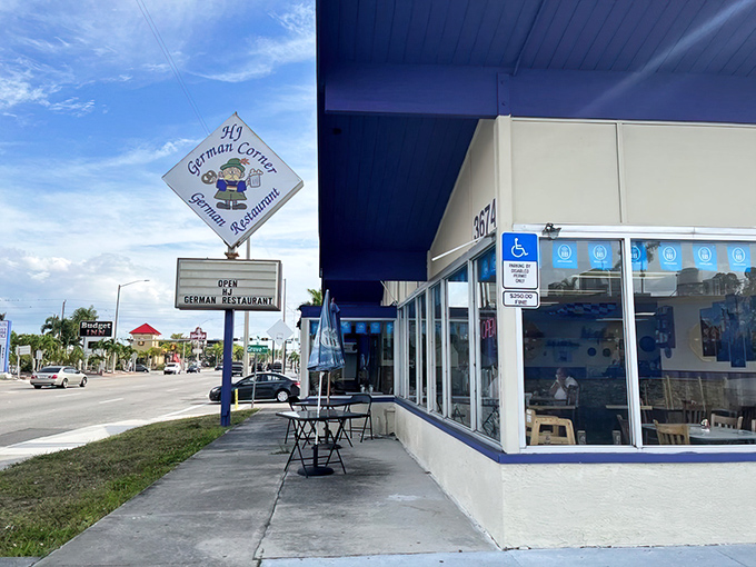 The unassuming exterior of HJ German Corner stands like a Bavarian embassy on Fort Myers' Cleveland Avenue—proof that culinary treasures often hide in plain sight.