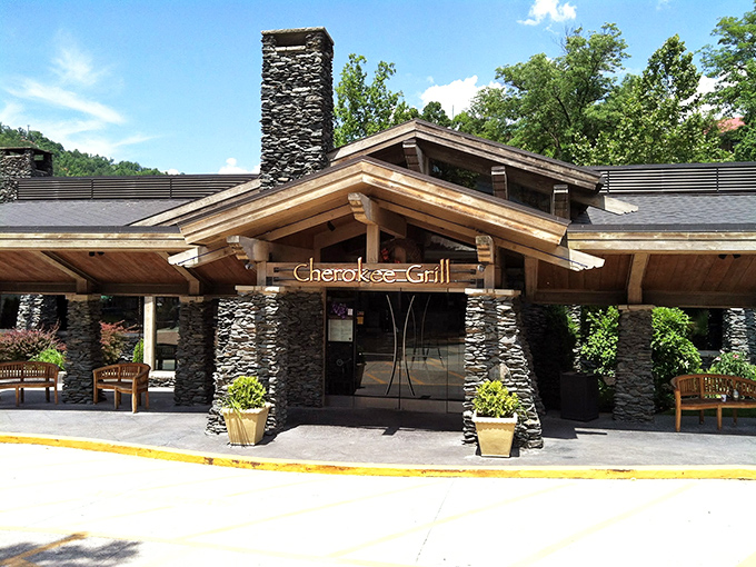 Stone pillars that mean business! Cherokee Grill's rustic mountain lodge exterior promises what every hungry traveler hopes for—authenticity with a side of comfort.
