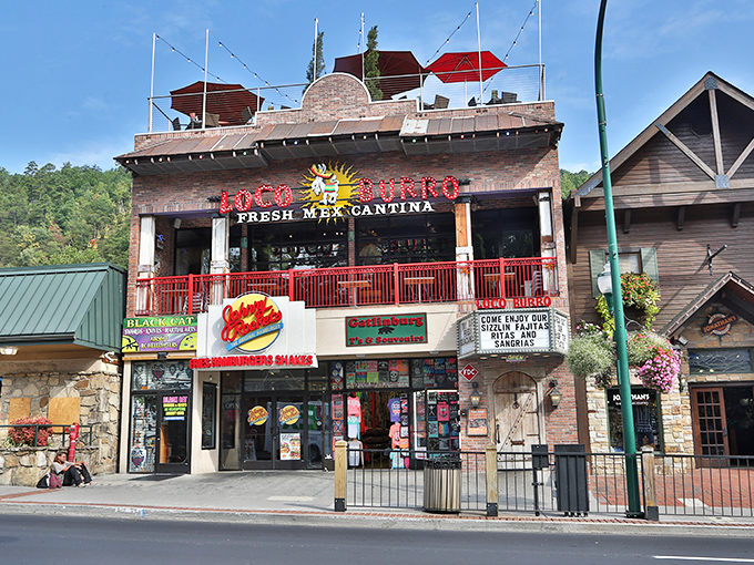 Loco Burro's exterior proudly announces its presence on Gatlinburg's main strip, with its festive façade promising Mexican revelry in the heart of mountain country.