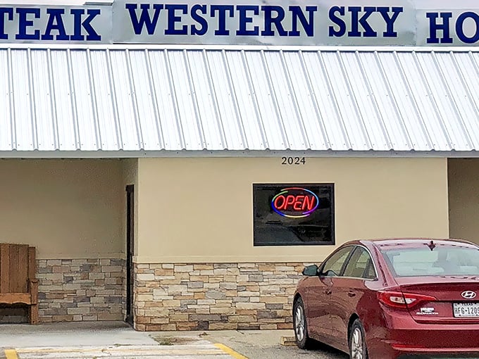 The unassuming exterior of Western Sky Steakhouse proves that in Texas, the best culinary treasures often hide behind the simplest facades.