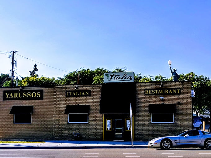 The unassuming exterior of Yarusso Bros stands like a culinary sentinel in St. Paul's East Side, promising Italian treasures within those brick walls.