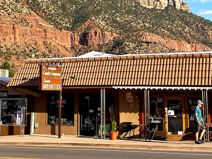 Where red rock majesty meets sweet tooth paradise. Springdale Candy Company's charming storefront sits perfectly framed by Zion's towering cliffs.