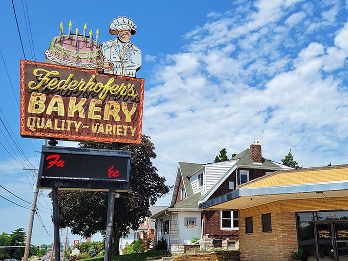 That vintage sign with the chef holding a birthday cake isn't just advertising – it's a St. Louis landmark promising sweet salvation ahead.
