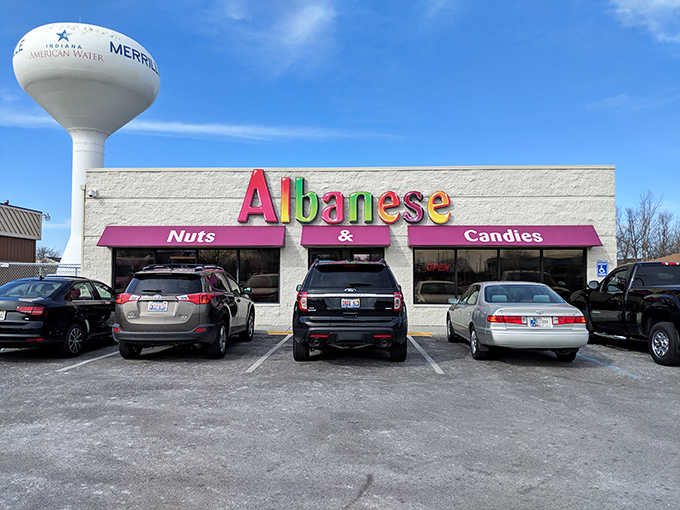 The colorful Albanese storefront stands like a beacon of sweetness on an otherwise ordinary Indiana street. Sugar paradise awaits!