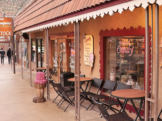 Where red rock majesty meets sweet tooth paradise. Springdale Candy Company's charming storefront sits perfectly framed by Zion's towering cliffs.