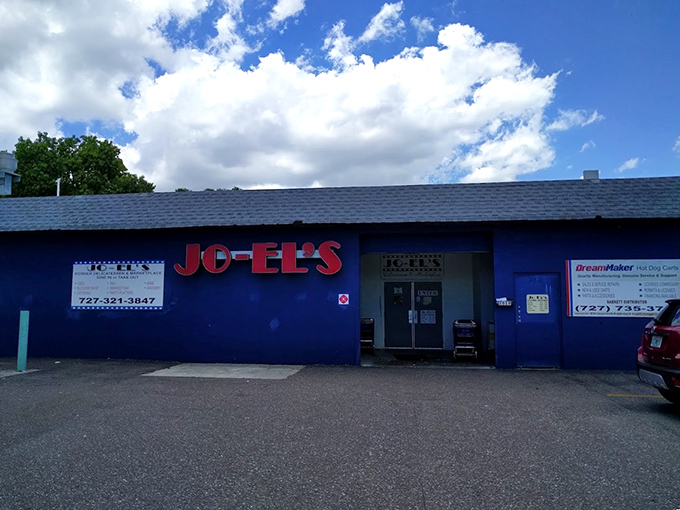 The blue exterior of JO-EL'S stands out like a sapphire in St. Petersburg's landscape, promising authentic Jewish deli treasures within those humble walls.