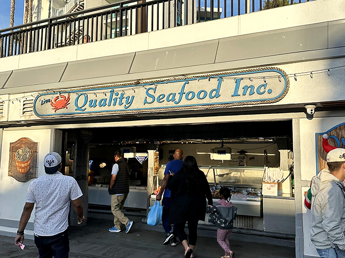 The unassuming entrance to Quality Seafood belies the seafood treasures within. No fancy facade needed when the ocean's bounty speaks for itself.