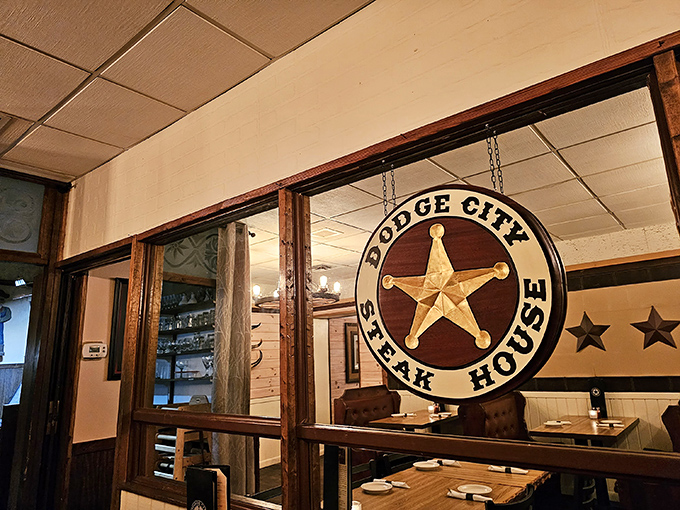 The Western frontier meets Pennsylvania hospitality at Dodge City Steakhouse's inviting exterior. That star logo isn't just for show—it's practically a beacon for hungry travelers.