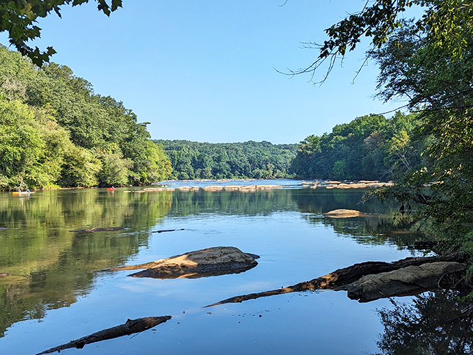 Mirror, mirror on the river – the Chattahoochee's glassy surface creates perfect reflections that would make even Narcissus do a double-take.