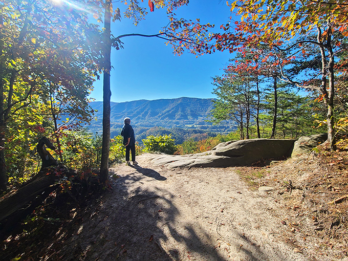 Stone pillars frame nature's masterpiece at Kingdom Come's overlook. The Appalachian Mountains roll away like waves frozen in time, a sight worth every step of the climb.
