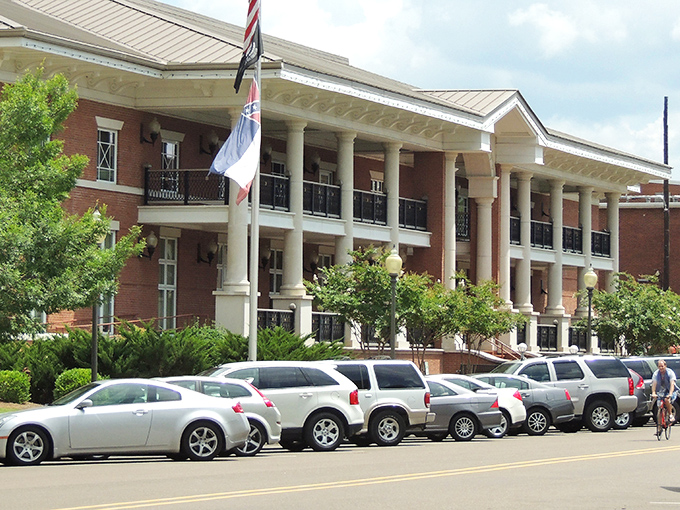 Oxford's downtown square from above – where Southern charm meets intellectual energy in a perfect small-town symphony.