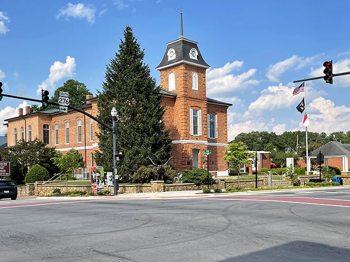 Brevard's Main Street intersection captures small-town America perfectly—where traffic jams mean three cars waiting at a light and everyone's okay with that.