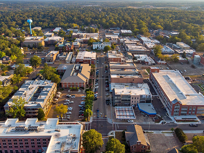 Oxford's downtown square from above – where Southern charm meets intellectual energy in a perfect small-town symphony.