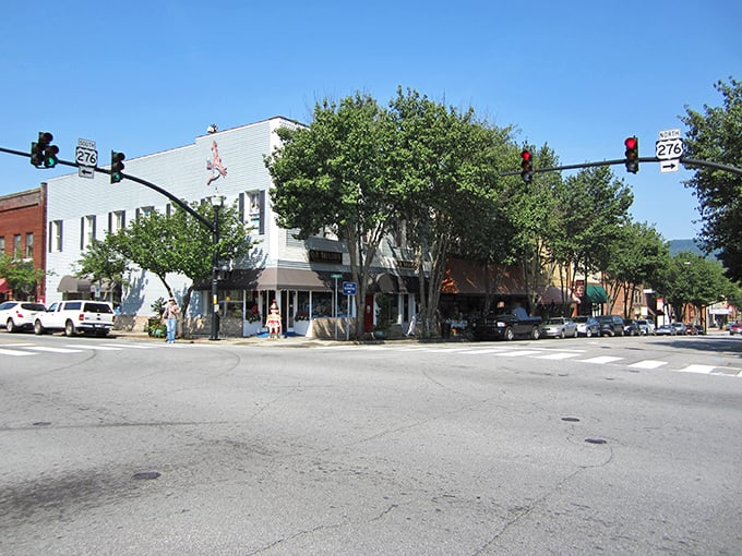 Brevard's Main Street intersection captures small-town America perfectly—where traffic jams mean three cars waiting at a light and everyone's okay with that.