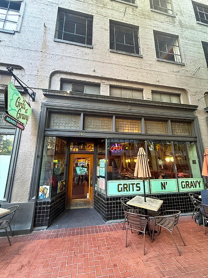 The mint-green storefront of Grits N' Gravy beckons like a Southern siren song in the heart of Portland. Brick sidewalks and outdoor seating complete this urban comfort food oasis.
