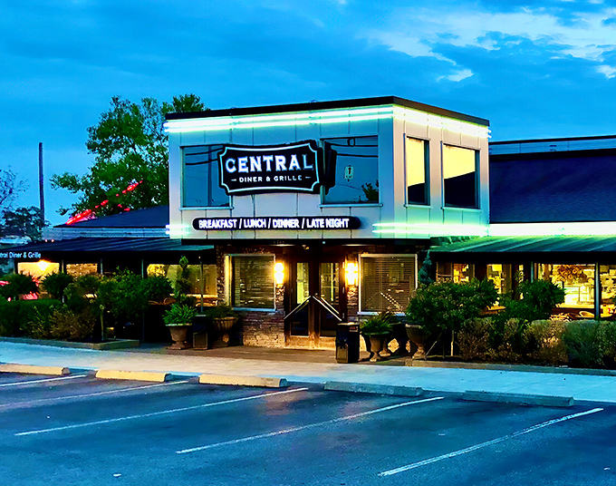 The modern diner facade gleams like a beacon of comfort food promise. Pittsburgh's Central Diner & Grille stands ready to welcome hungry souls day or night.
