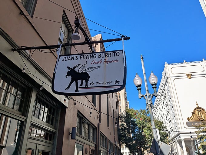 The iconic winged donkey sign beckons hungry travelers like a mythical creature promising culinary adventures. This isn't just a sign—it's a promise.