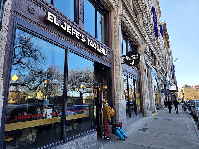 The historic façade of El Jefe's Taqueria on Boylston Street beckons hungry passersby with promises of Mexican delights just steps from Boston Common.