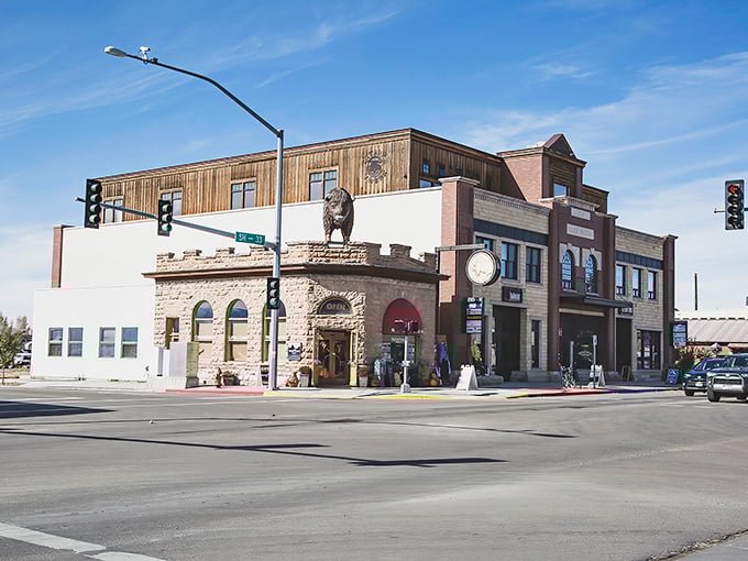 Main Street Driggs – where Norman Rockwell meets mountain majesty. Those green lampposts and American flags aren't just decoration; they're a promise of small-town authenticity.