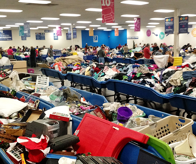 A bird's-eye view of the treasure landscape—each bin a potential goldmine of household goods, clothing, and unexpected surprises.