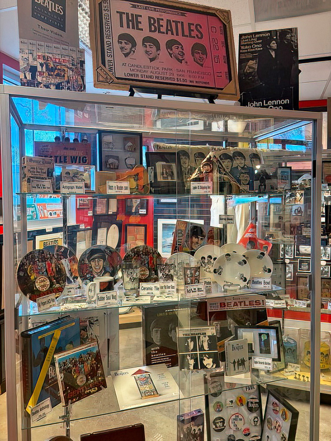 From concert tickets to Sgt. Pepper memorabilia, this display case holds a time capsule of Beatlemania that still feels fresh decades later.