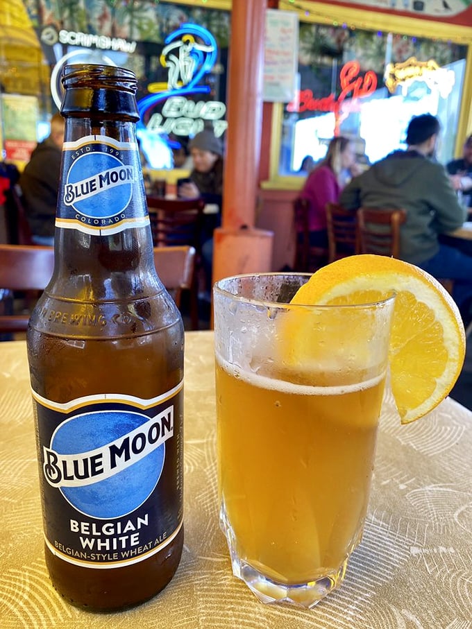 A cold Blue Moon with an orange slice is the perfect companion for seafood—like pairing a great soundtrack with an already fantastic movie.
