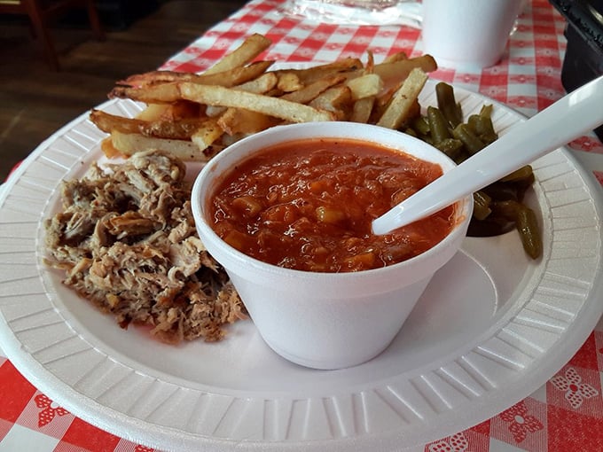 Brunswick stew and pulled pork – a partnership more perfect than peanut butter and jelly, especially when served on those nostalgic white plates.
