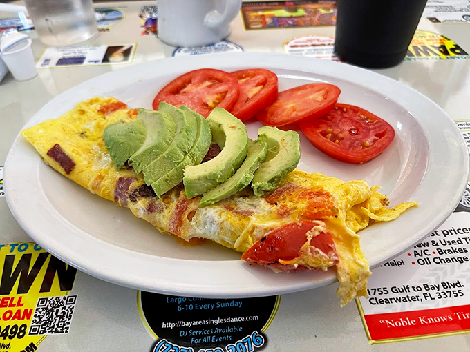 California dreaming on a Clearwater morning—an omelet stuffed with avocado and tomato that makes vegetables feel like an indulgence.