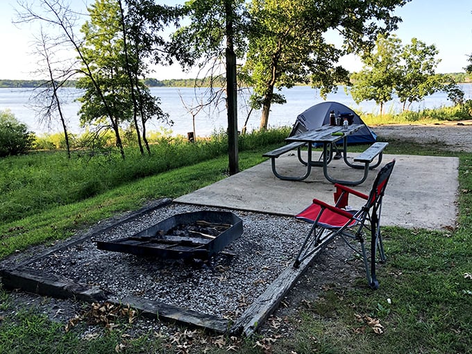Lakeside camping with all the essentials—fire pit, picnic table, and that million-dollar water view no hotel can match.