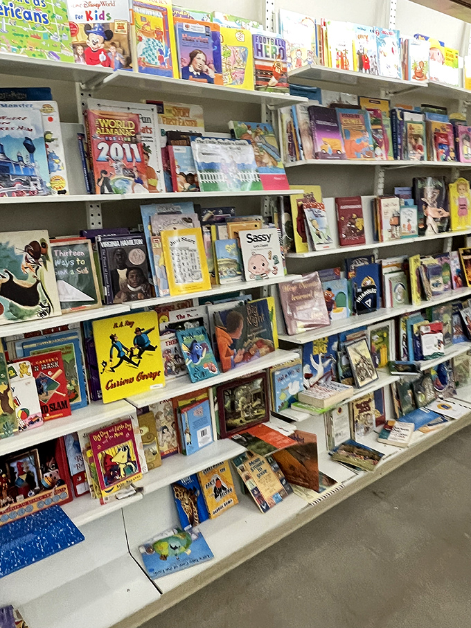 Children's books stand at attention, their colorful spines a rainbow of adventures waiting to inspire young imaginations at bargain prices.