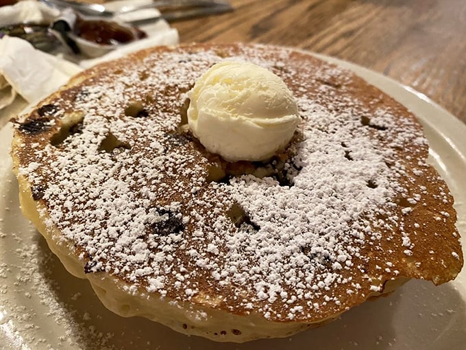 This pancake wears powdered sugar like a celebrity wears designer clothes—confidently and with just the right amount of flair.