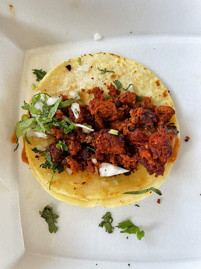 This chorizo taco isn't just red – it's a vibrant declaration of spicy independence. The scattered cilantro adds freshness to balance the rich, smoky meat.