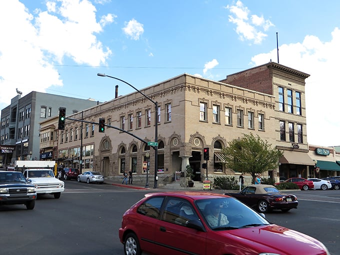 Historic buildings line up like distinguished gentlemen at a frontier reunion, each with stories untold.