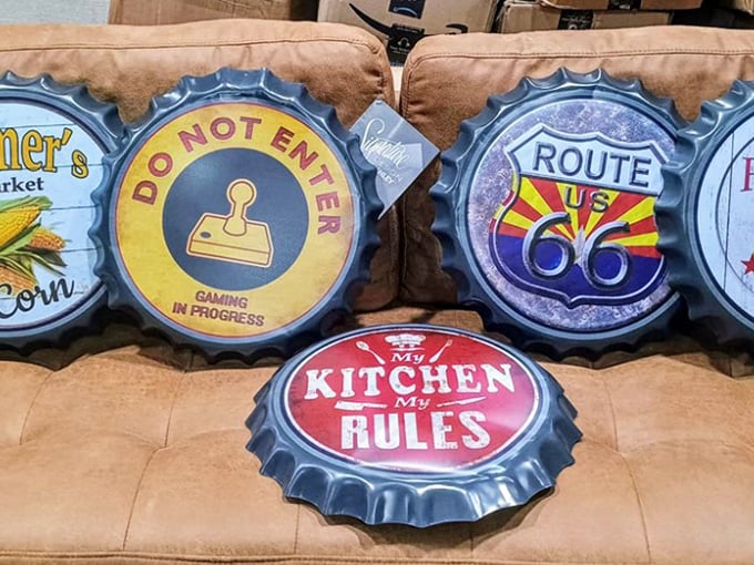 Quirky bottle cap wall art that screams "man cave" or "retro kitchen." These conversation pieces add personality to any room for pocket change prices.