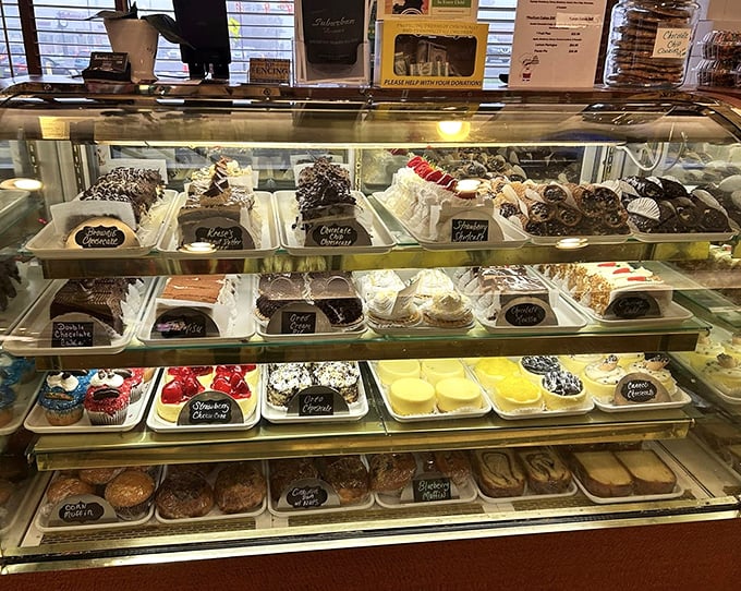 Not so much a dessert case as a museum of temptation – each piece more alluring than the last, with labels that whisper "diet tomorrow."