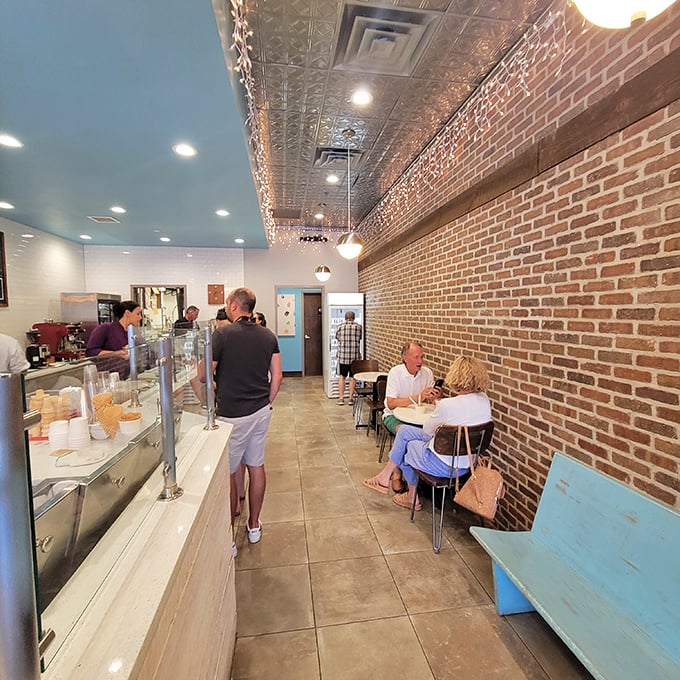 Where the magic happens—a narrow but efficient space where custard dreams come true. The tin ceiling adds just the right touch of vintage charm.
