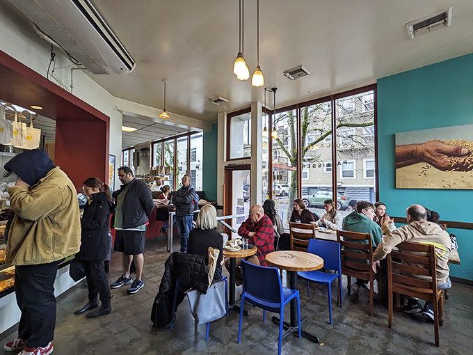 Morning at Ken's: where Portlanders of all stripes gather to worship at the altar of exceptional baking while plotting their day's adventures.