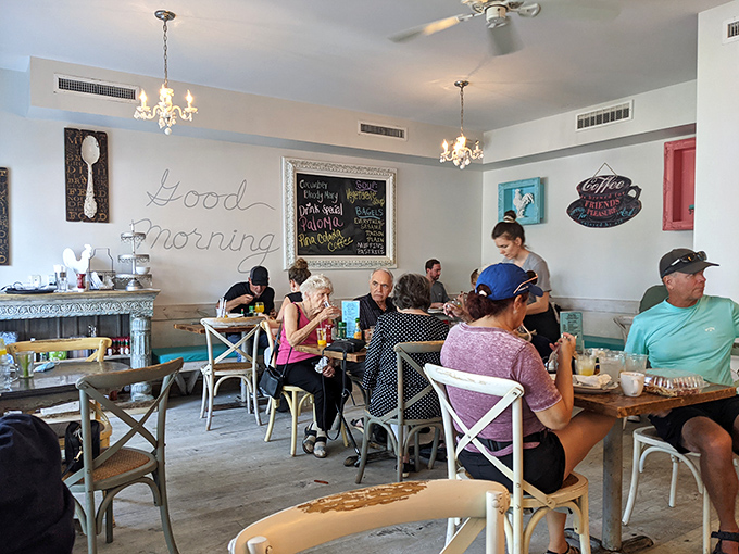 "Good Morning" isn't just wall art here—it's the promise delivered on every plate that arrives at these sunlit tables.