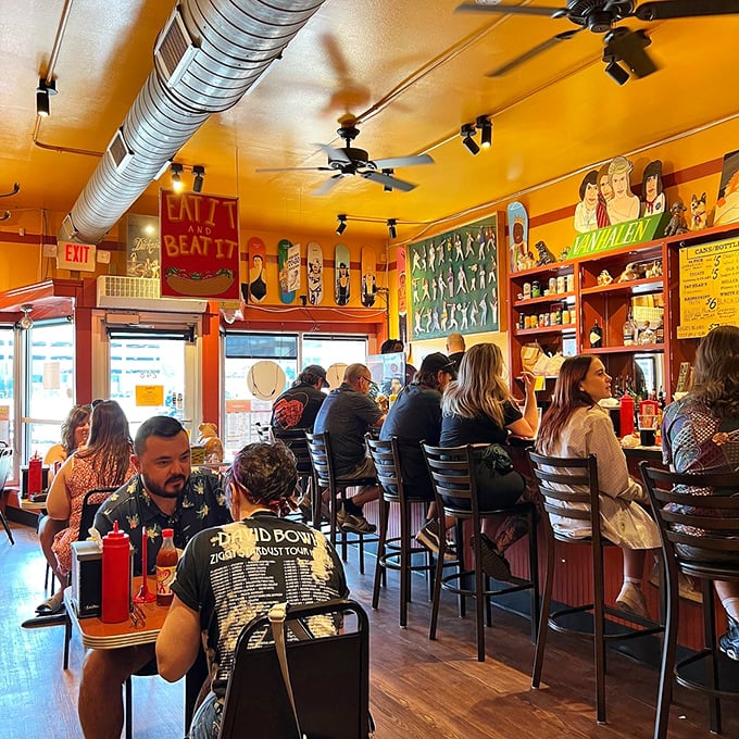 A packed house of diners united in the universal language of hot dog appreciation – notice nobody's looking at their phones?