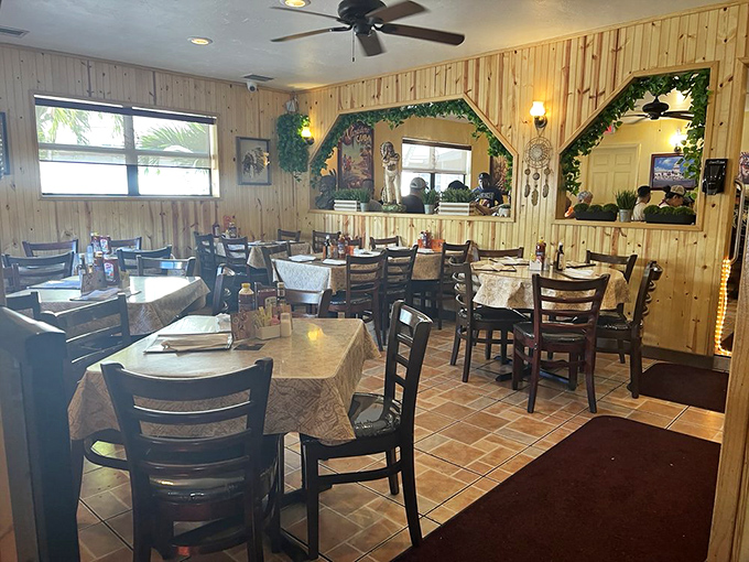 Tables await their next lucky occupants. In restaurant real estate terms, this is oceanfront property for your taste buds—no matter how far from the actual ocean.