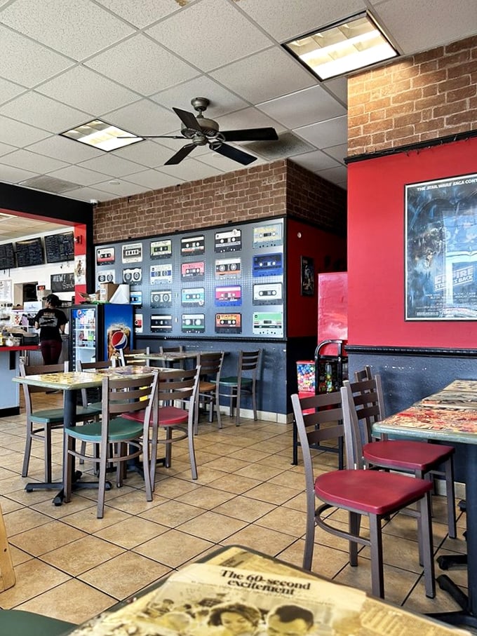 The dining area feels like your coolest friend's basement—if that friend happened to be a burger genius with excellent taste in music.