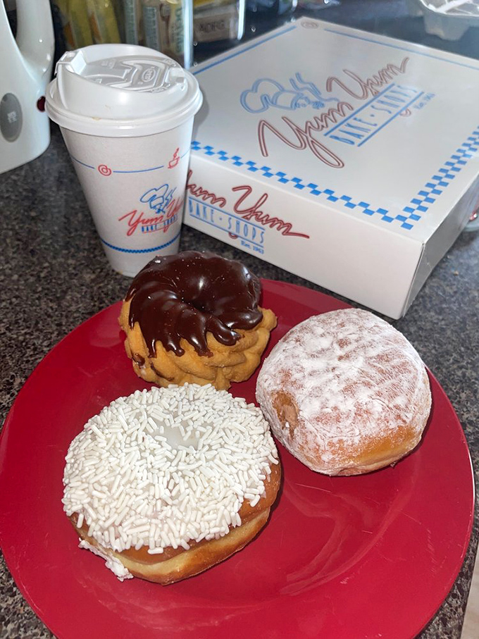 Morning bliss, perfectly packaged. Three donuts and coffee—the breakfast equivalent of hitting a culinary jackpot before your day even begins.