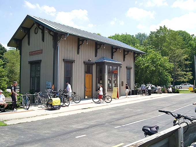 The restored train station stands as a bicycle-friendly reminder of Yellow Springs' connection to the Little Miami Scenic Trail—wheels replacing rails.