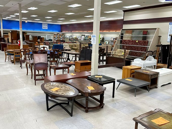 The furniture section resembles an upscale showroom, with dining sets and accent pieces waiting for their second chance at making a house home.