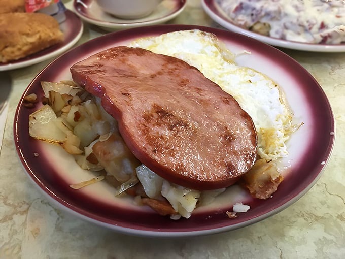 Ham steak and eggs—when your appetite demands more than a dainty slice of prosciutto and your day requires serious fuel.